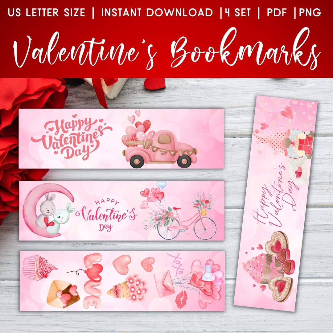 Pink Bookmark Set of 4 Printable Valentines Gift Ideas Bookmark Reading ...
