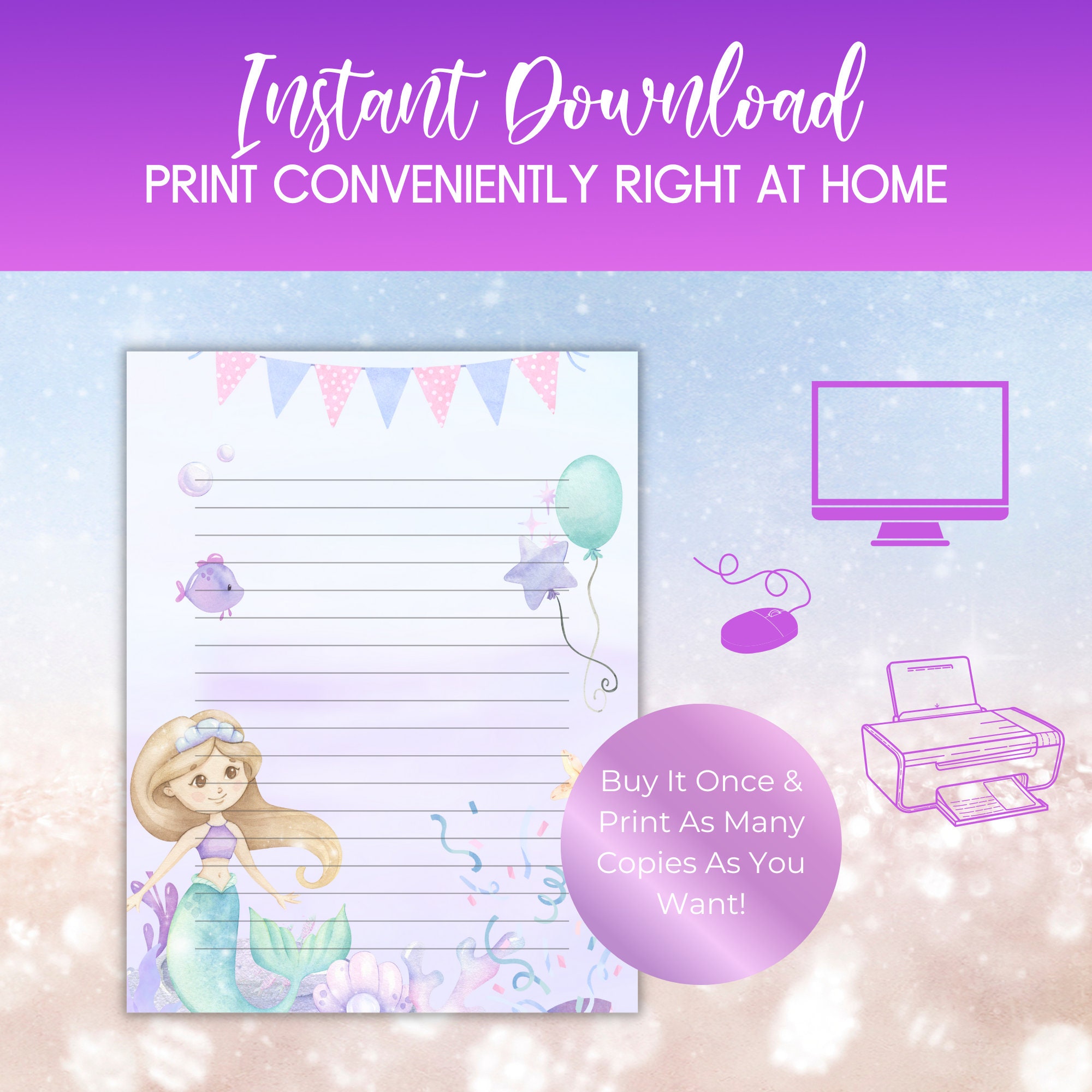 Printable Mermaid Stationery Birthday Stationary Mermaid Stationary ...