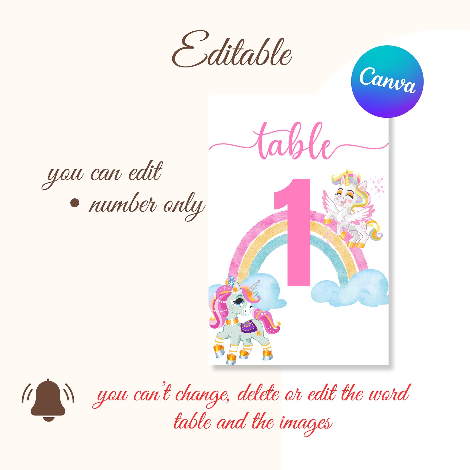 Editable Unicorn Party Table Number Card Table Decor Rainbow Colors ...