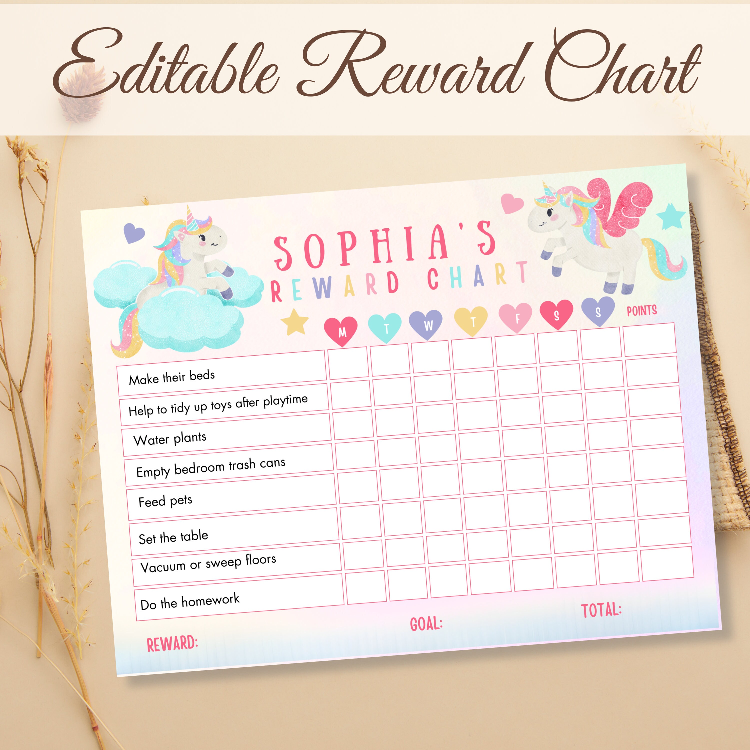 EDITABLE Weekly Reward Chart Kids Rainbow Chore Chart Unicorn Routine ...