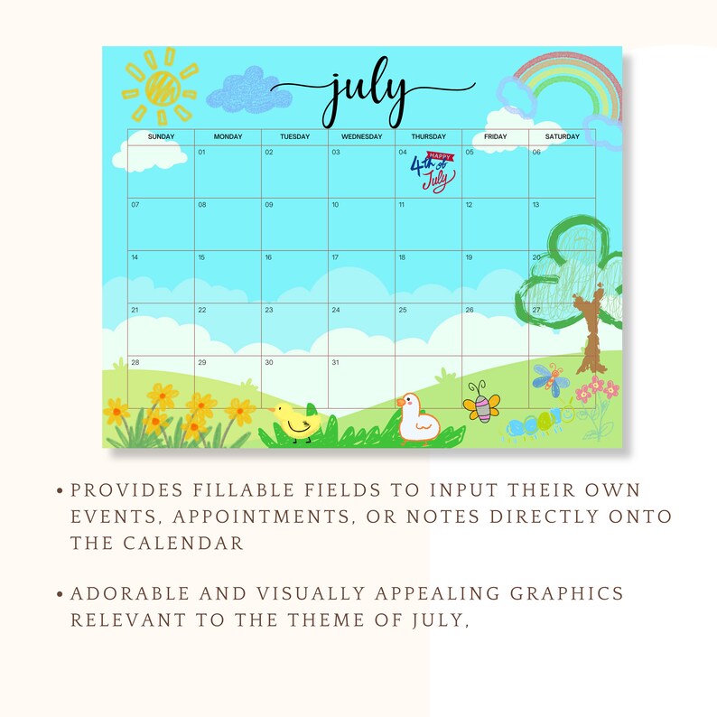 July 2024 Calendar Printable Kids 2024 Calendar Classroom School ...