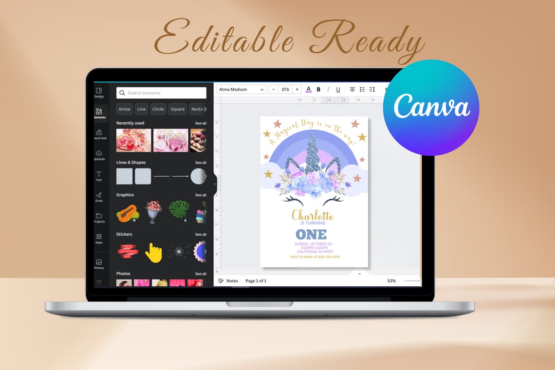 Editable Unicorn Birthday Invitation Unicorn Birthday Card Unicorn ...