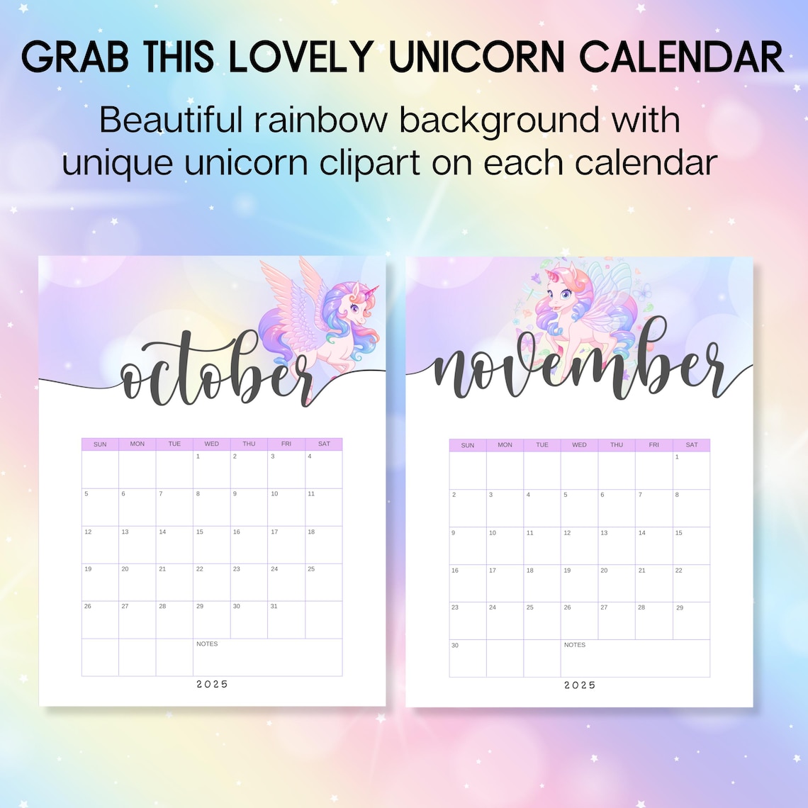 2025 Unicorn Calendar Printable Unicorn Clipart 2024 Calendar PDF 2024 ...
