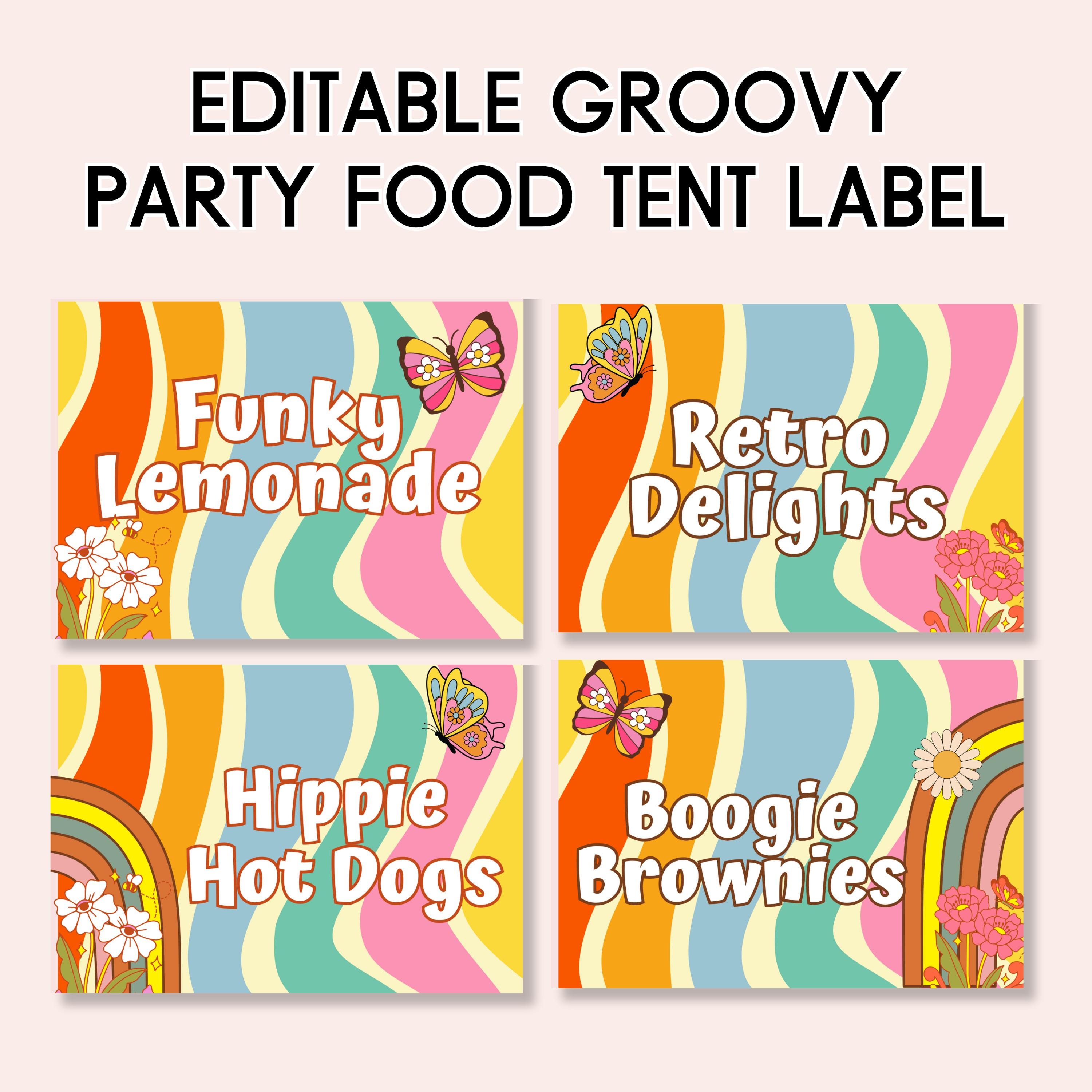 Editable Retro 70s Party Food Label Groovy Blank Food Tent Card Labels ...