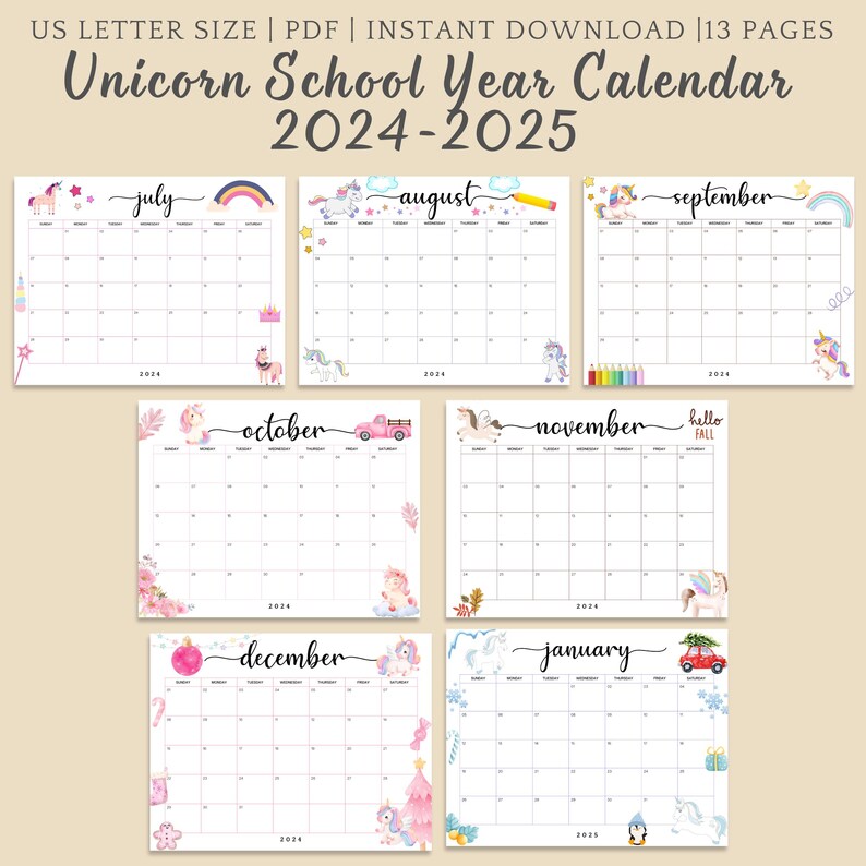 Unicorn Calendar 2024 - 2025 Homeschool Calendar Unicorn Lovers Monthly ...