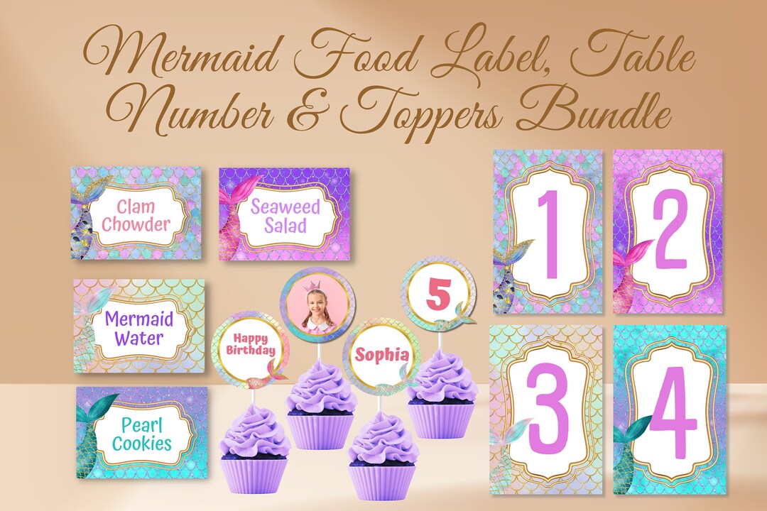 Editable Mermaid Party Bundle Food Tents Cupcake Toppers Table Numbers ...