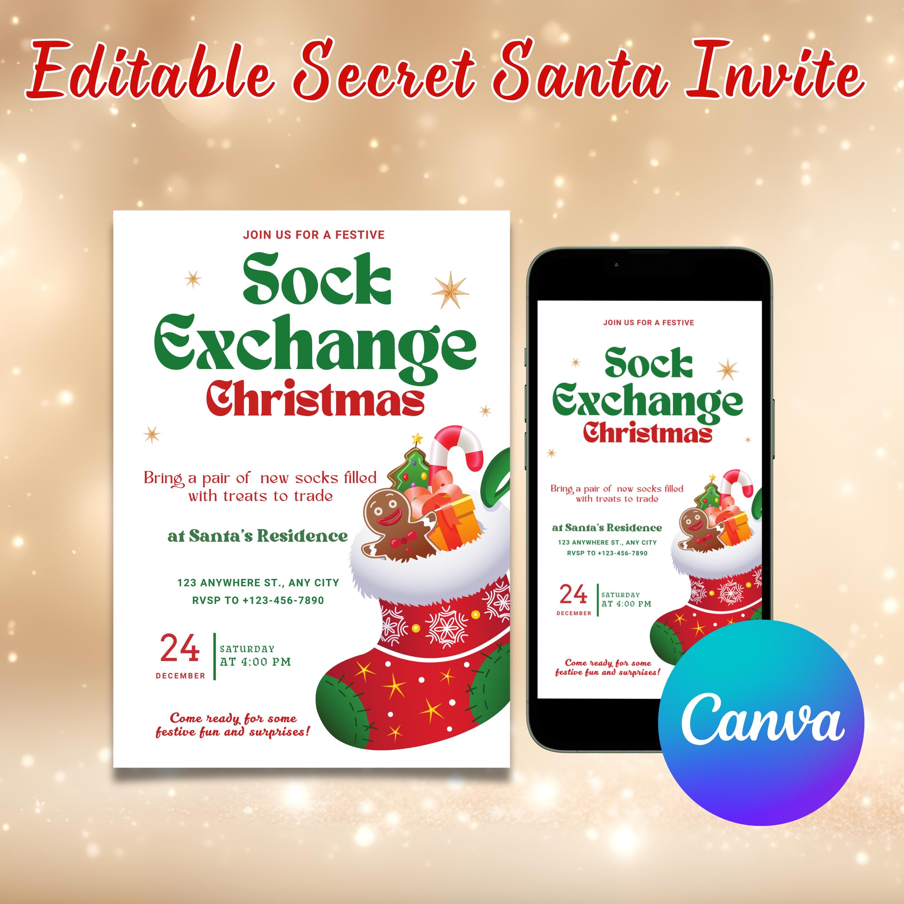Editable Christmas Secret Santa Sock Swap Party Invitation Sock ...