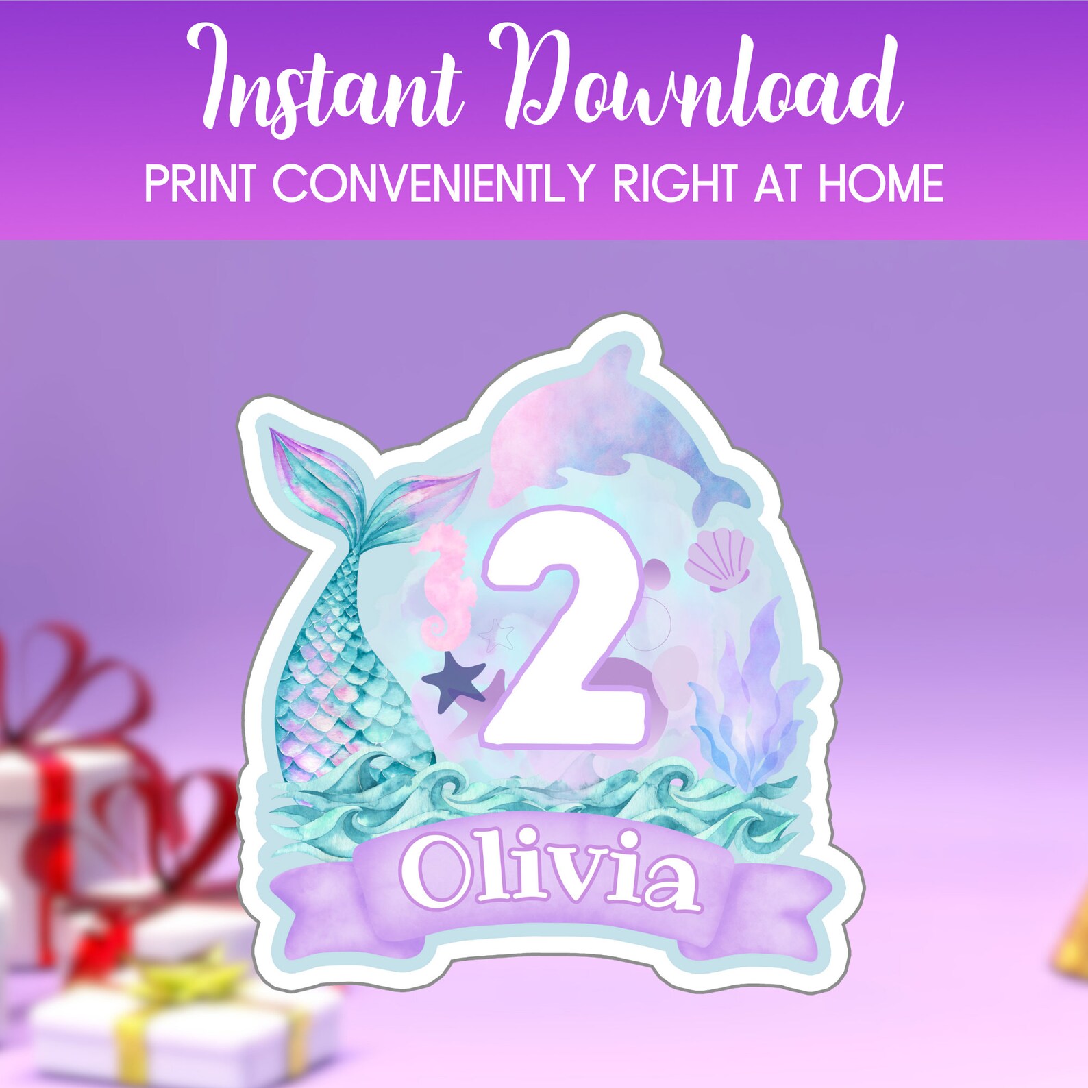 Mermaid Cake Topper Printable, Mermaid Cake Topper With Name, Mermaid ...