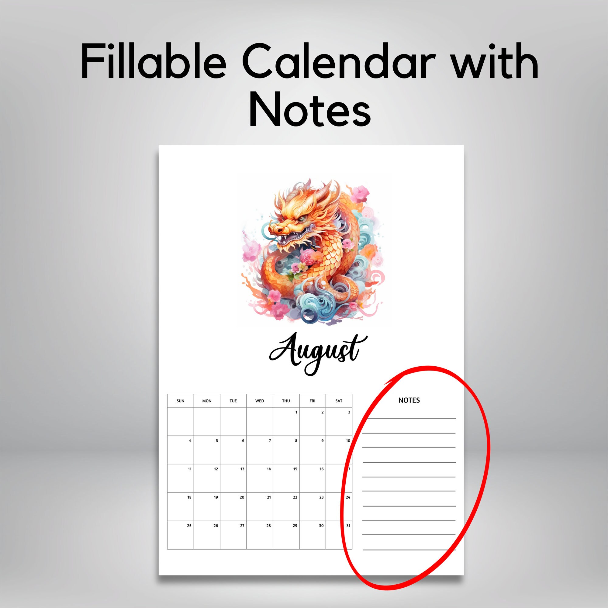 Dragon Calendar 2024 Printable Monthly Fillable Vertical Wall Calendar ...