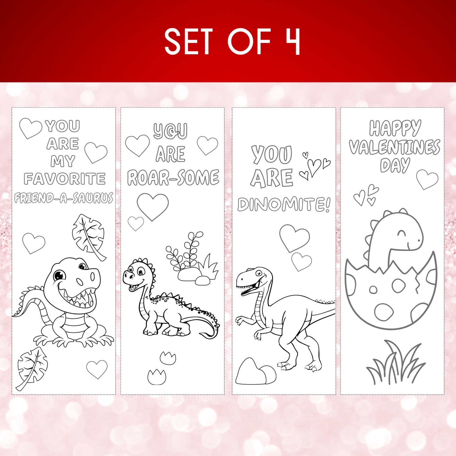 Dino Valentines Coloring Bookmarks Dinosaur Puns Coloring Bookmarks ...