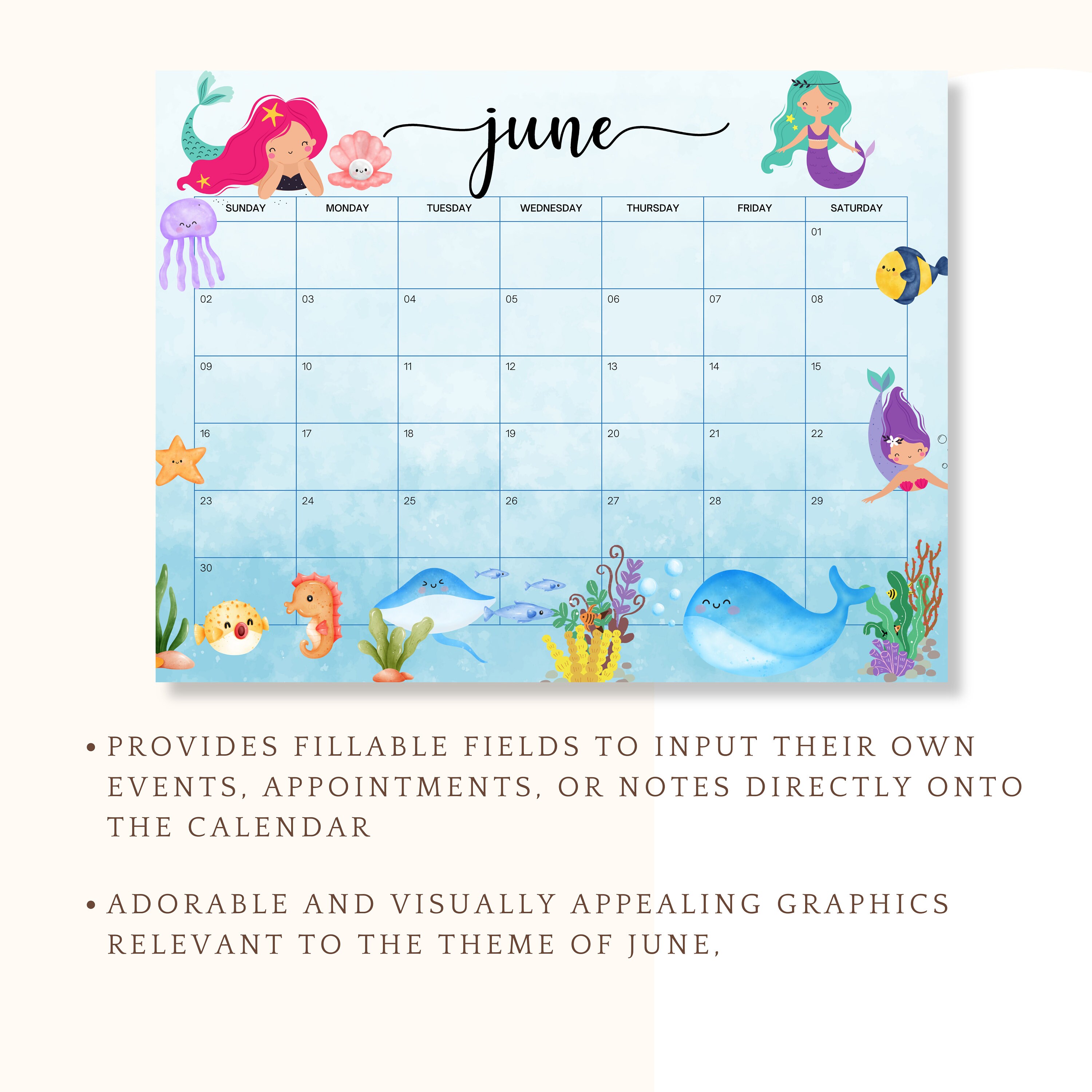 June 2024 Calendar Printable Kids Mermaid 2024 Calendar School June ...