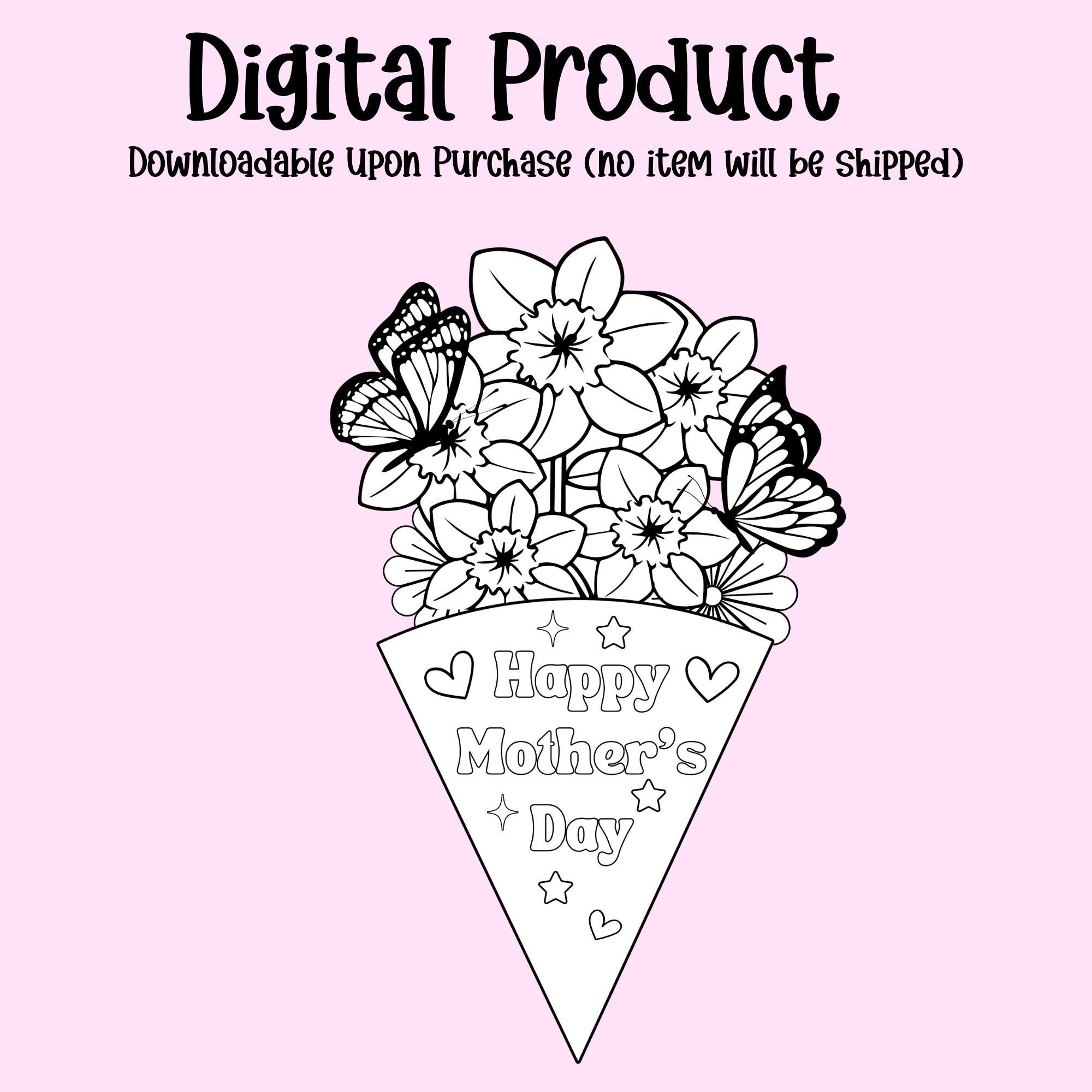 Mothers Day Printable Cut and Color Flowers Bouquet, Coloring Card Gift ...