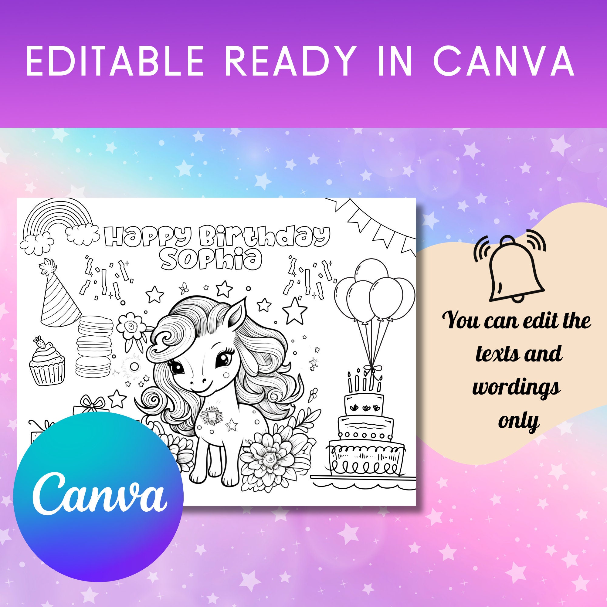 Editable Unicorn Birthday Coloring Unicorn Coloring Pages Unicorn ...