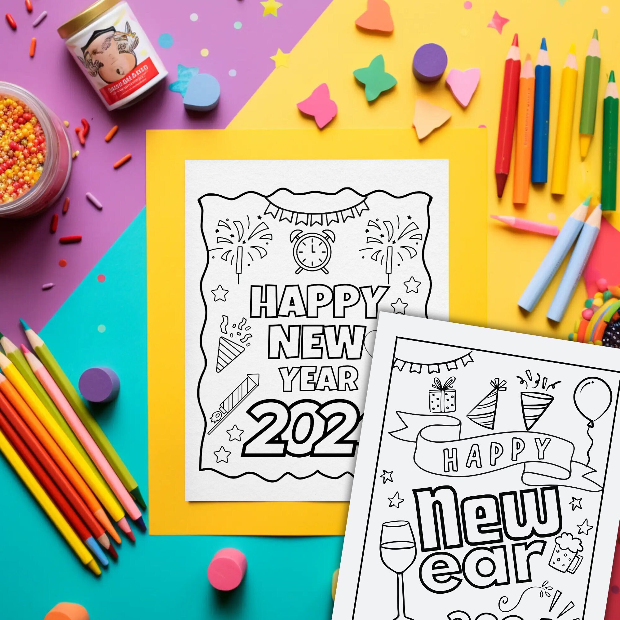 2024 Happy New Year Coloring Page for Kids Holiday Activity - Etsy