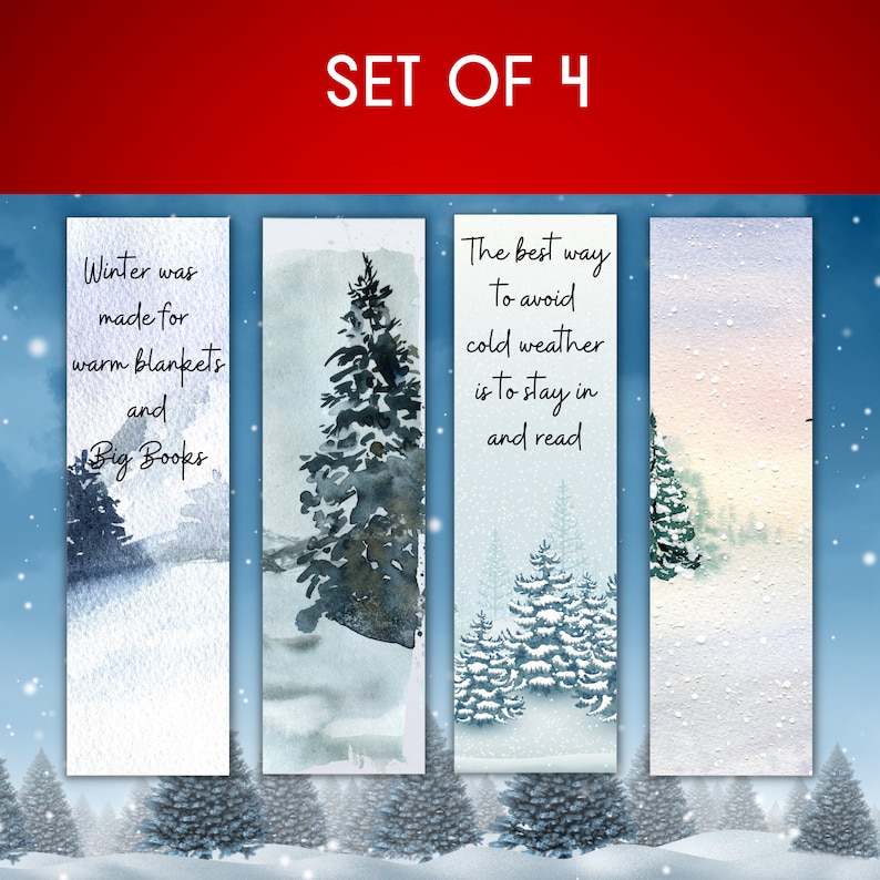 Winter Bookmark Printable Set of 4 Holiday Bookmarks Book Lovers Gift ...
