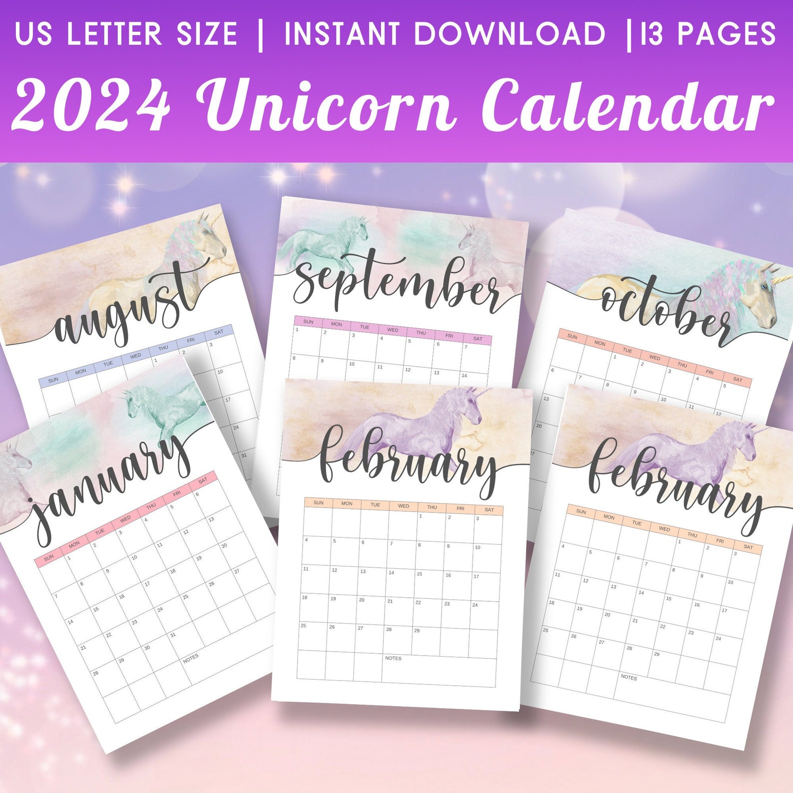2024 Unicorn Calendar Printable Unicorn Watercolor 2024 Calendar Wall ...