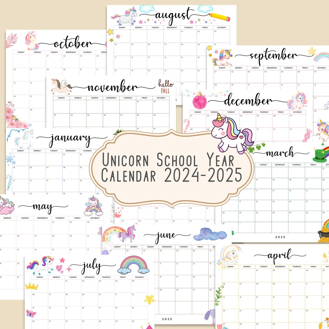 Unicorn 2024-2025 School Year Calendar Seasonal Monthly Theme Cute ...