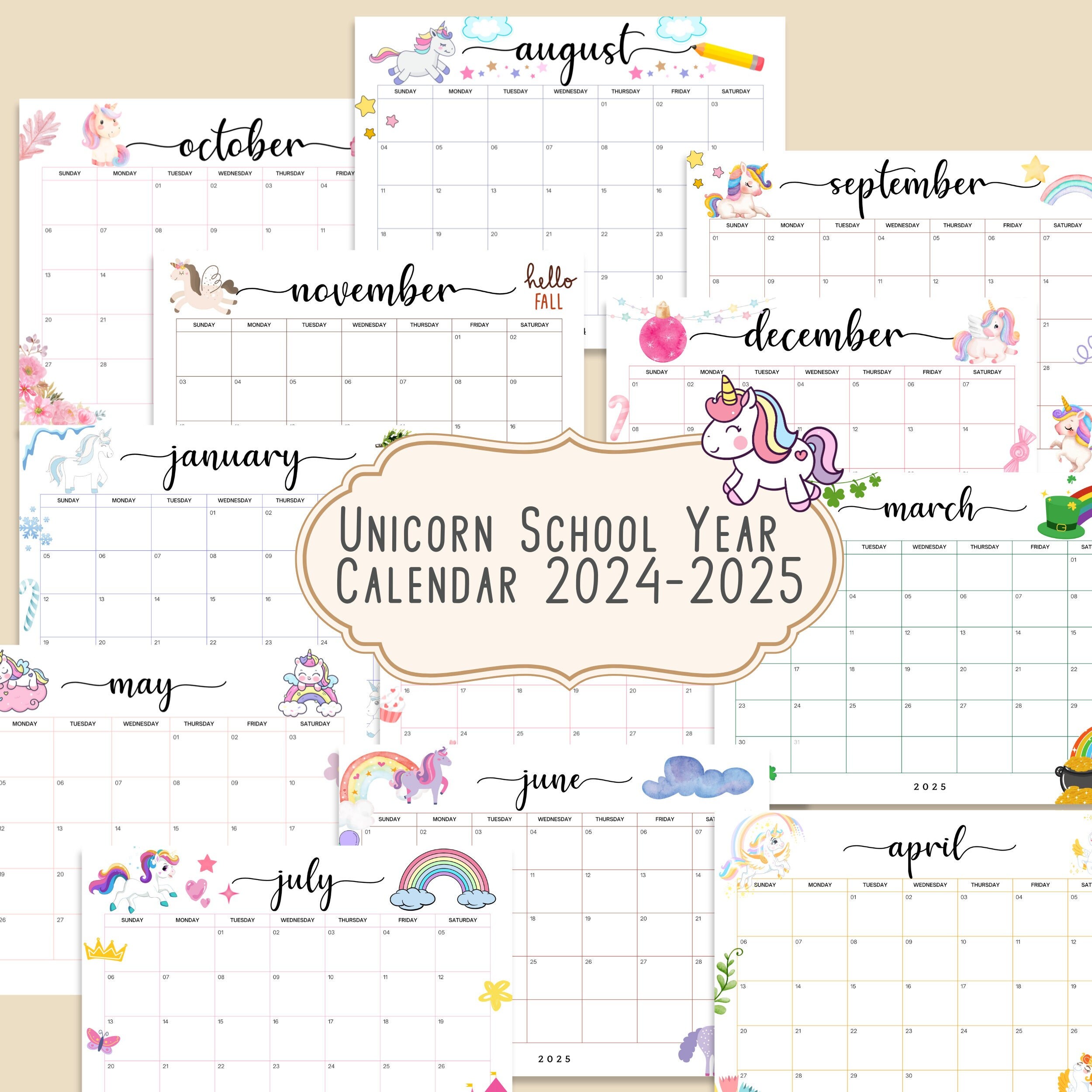Unicorn 2024-2025 School Year Calendar Seasonal Monthly Theme Cute ...