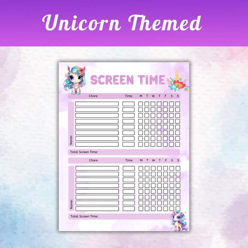 Unicorn Screen Time Chore Chart for Kids Printable Screen Time Tracker ...