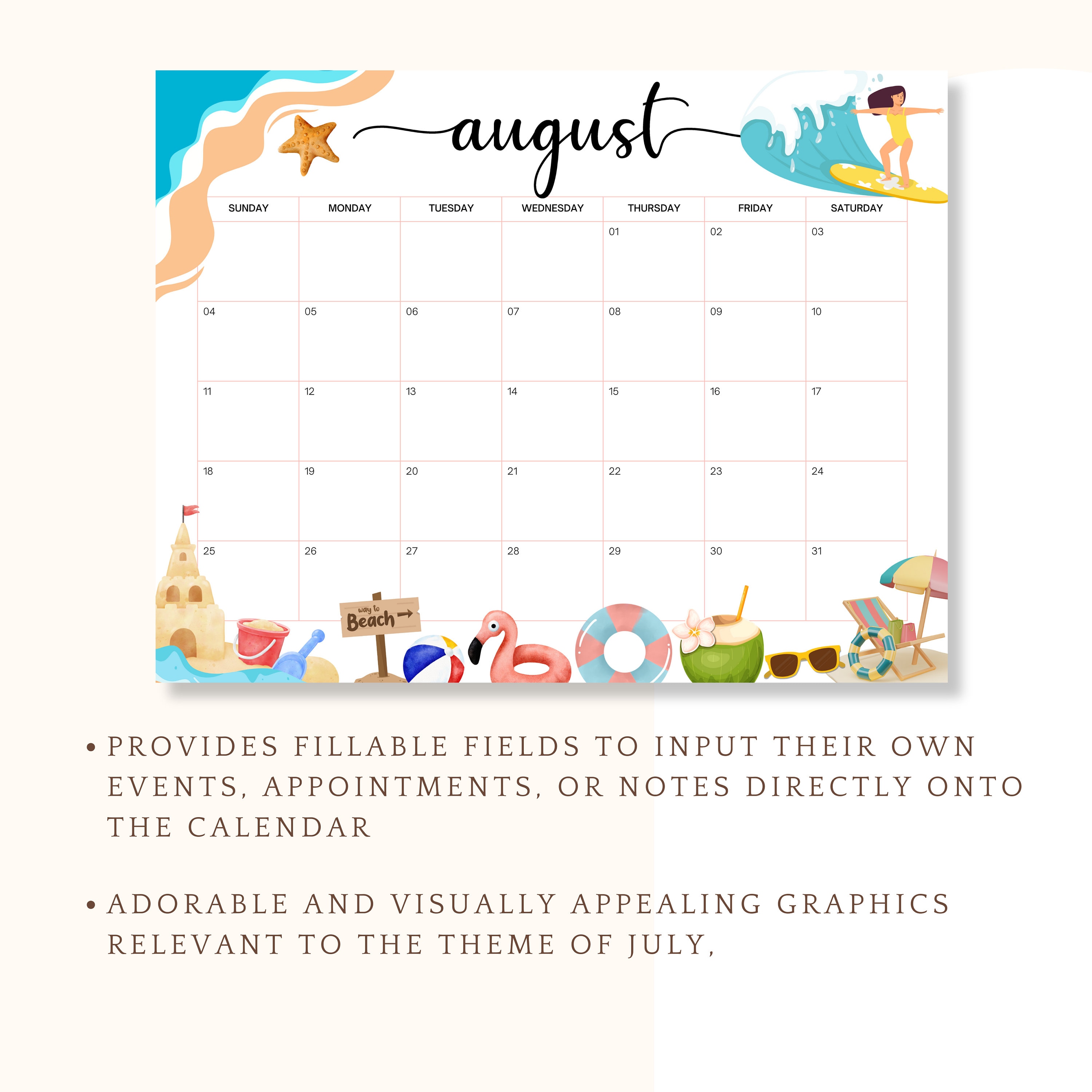 August 2024 Calendar Printable Kids Calendar 2024 Fillable Calendar ...