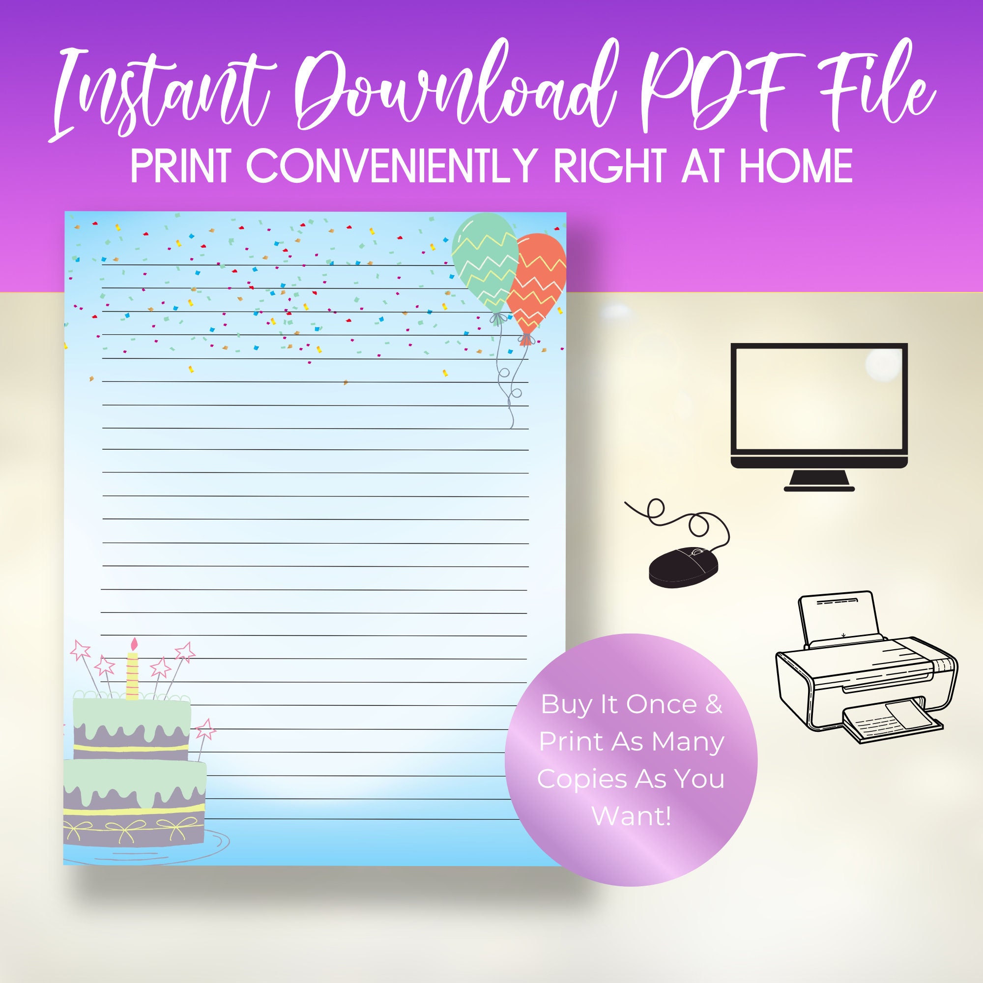 Birthday Stationery, Printable Stationery, Birthday Gifts, Birthday ...