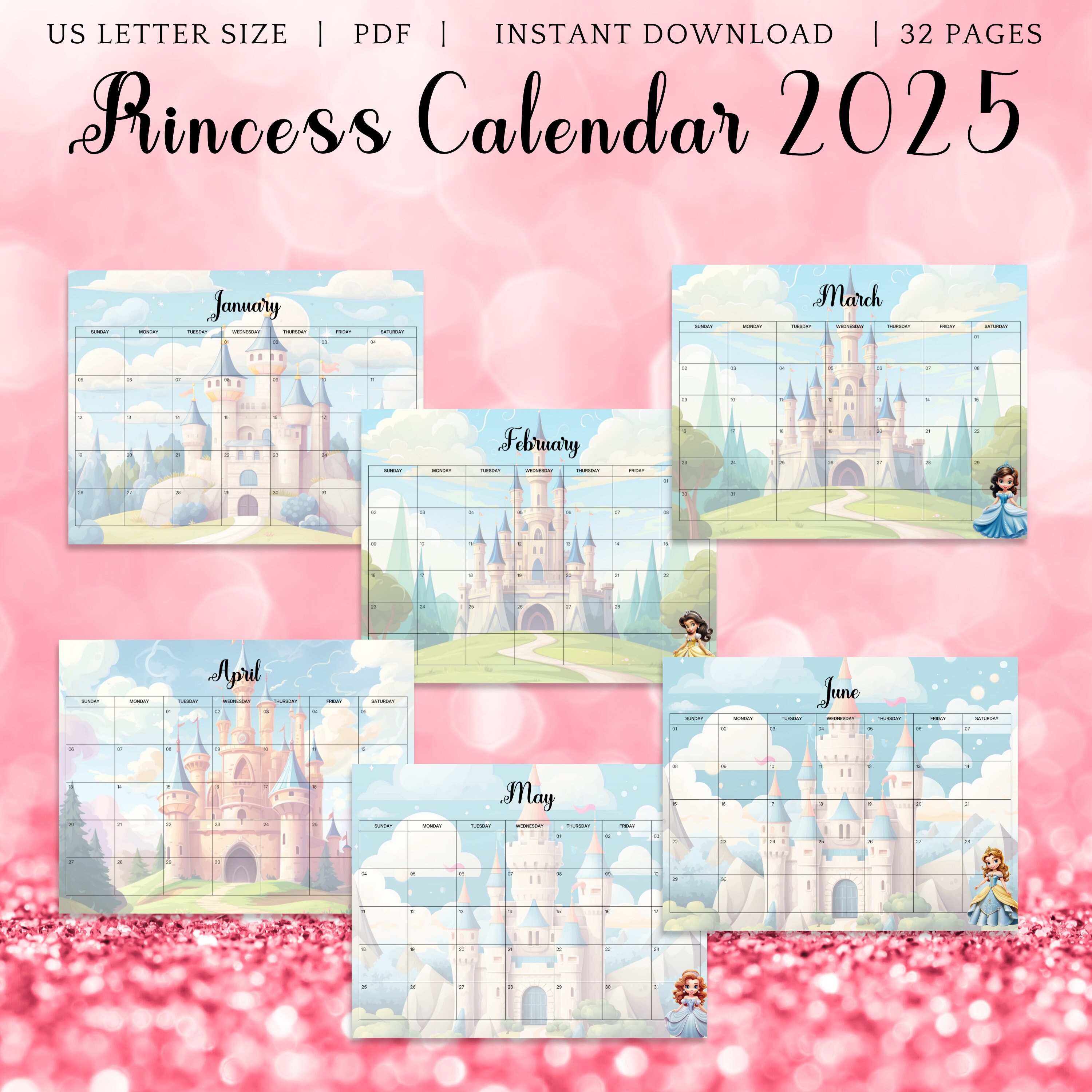 Printable 2025 Princess Castle Calendar Kids Monthly Planner Princess ...