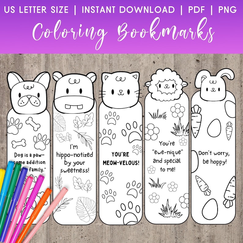 Animal Bookmarks Set of 5 Coloring Bookmarks Printable Coloring ...
