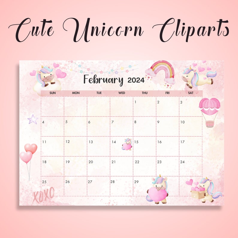 February 2024 Calendar Unicorn Printable Kids Calendar 2024 Wall ...