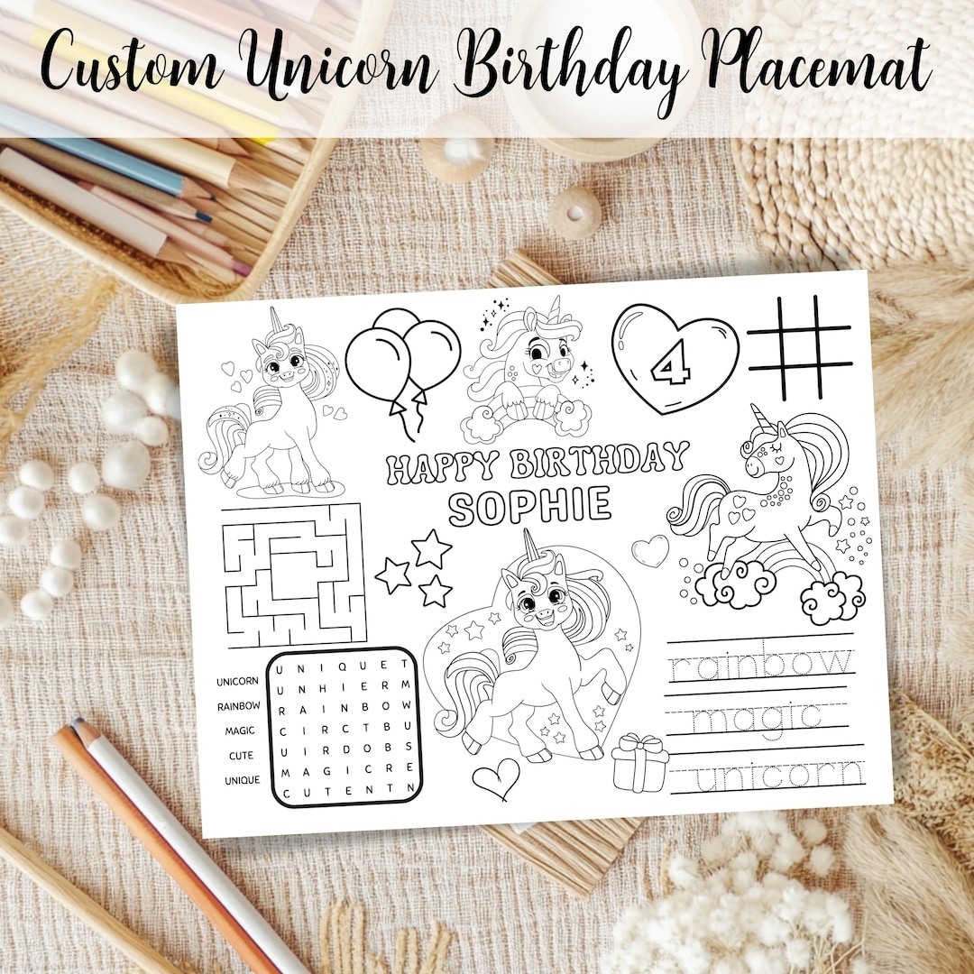 EDITABLE Unicorn Birthday Placemat Printable Personalized Birthday ...