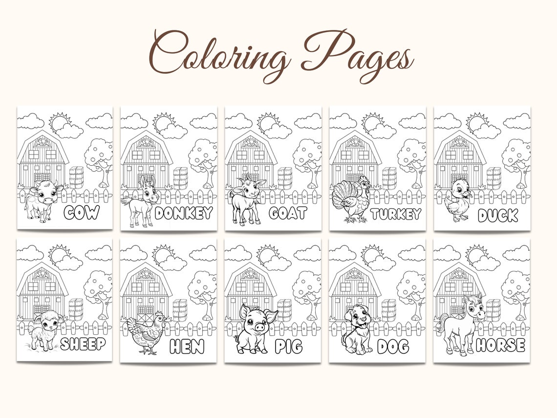 Farm Animals Farm Scene Coloring Set Educational Learning Printable ...