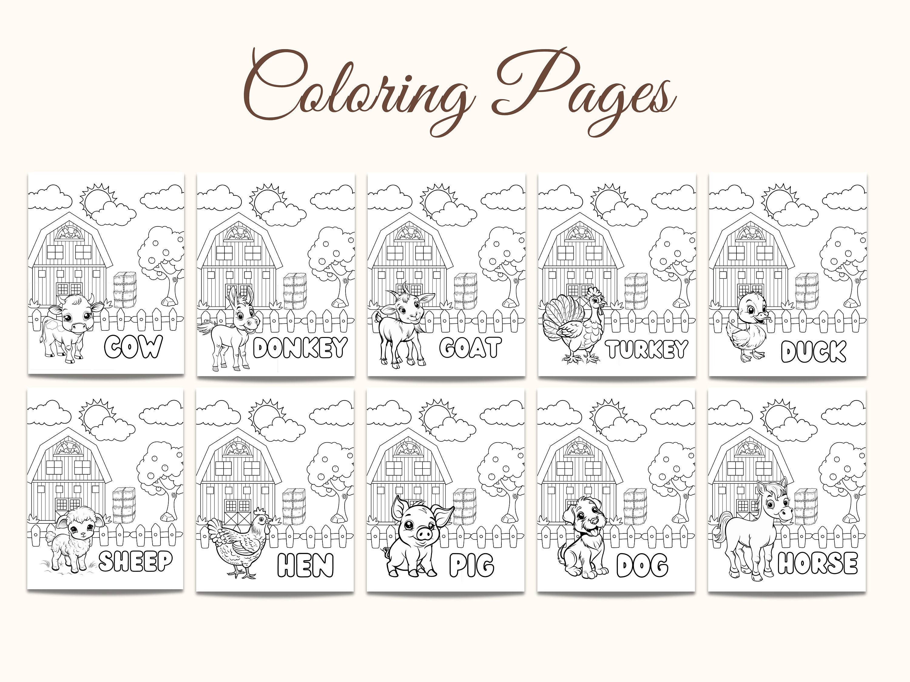 Farm Animals Farm Scene Coloring Set Educational Learning Printable ...