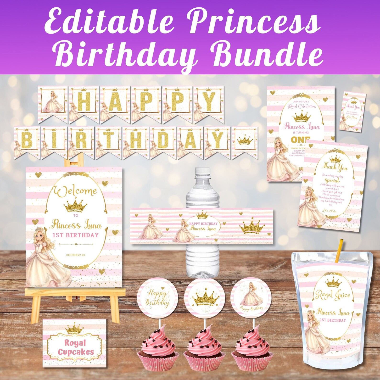 Editable Princess Birthday Bundle Princess Birthday Party Decorations ...