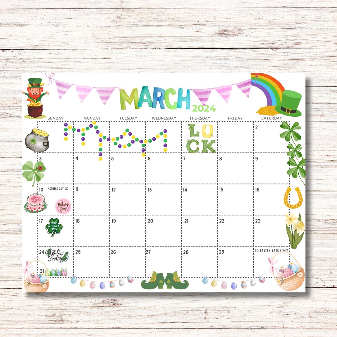 March 2024 Calendar Printable Kids 2024 Calendar Classroom School March ...
