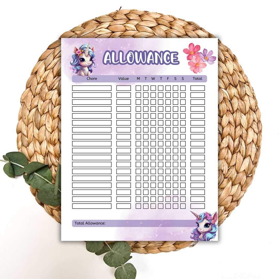 Unicorn Allowance Chore Chart Printable Allowance Tracker for Teens ...
