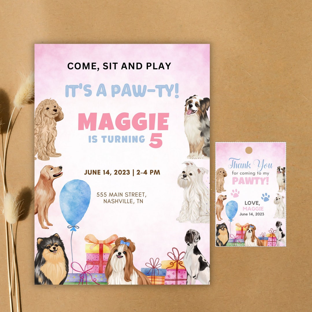 Dog Pawty Editable Birthday Invitation Lets Pawty Birthday Girls Dog ...