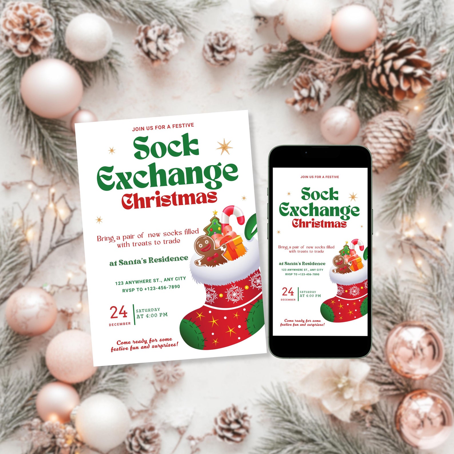 Editable Christmas Secret Santa Sock Swap Party Invitation Sock ...