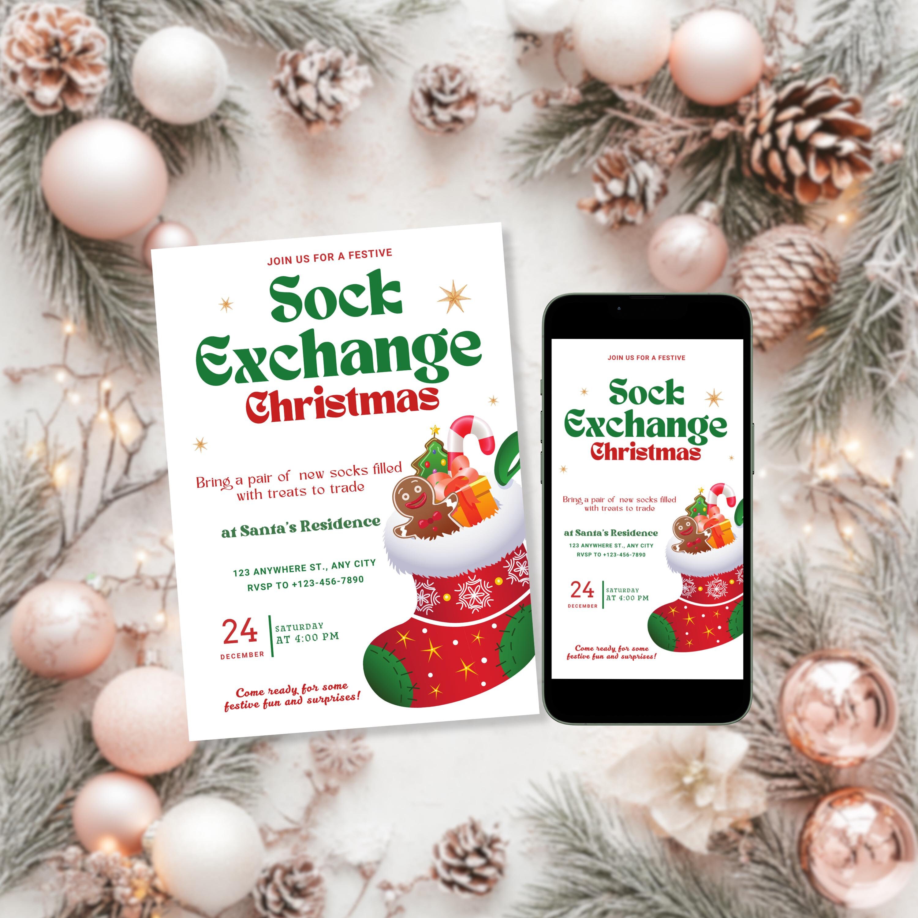 Editable Christmas Secret Santa Sock Swap Party Invitation Sock ...