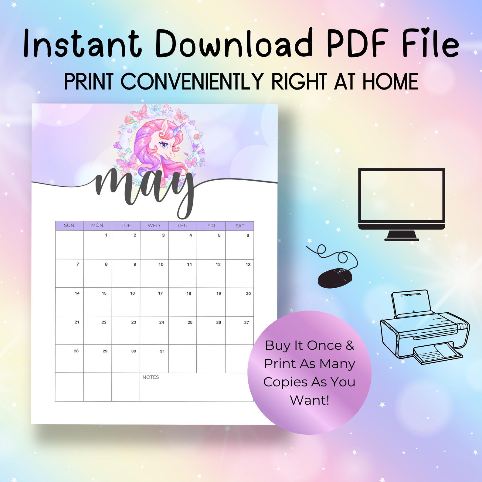 2025 Unicorn Calendar Printable Unicorn Clipart 2024 Calendar PDF 2024 ...