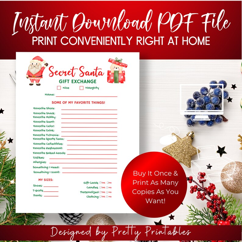 Secret Santa Questionnaire Printable Secret Santa - Etsy