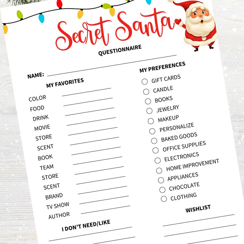 Secret Santa Questionnaire Printable for Coworker - Etsy