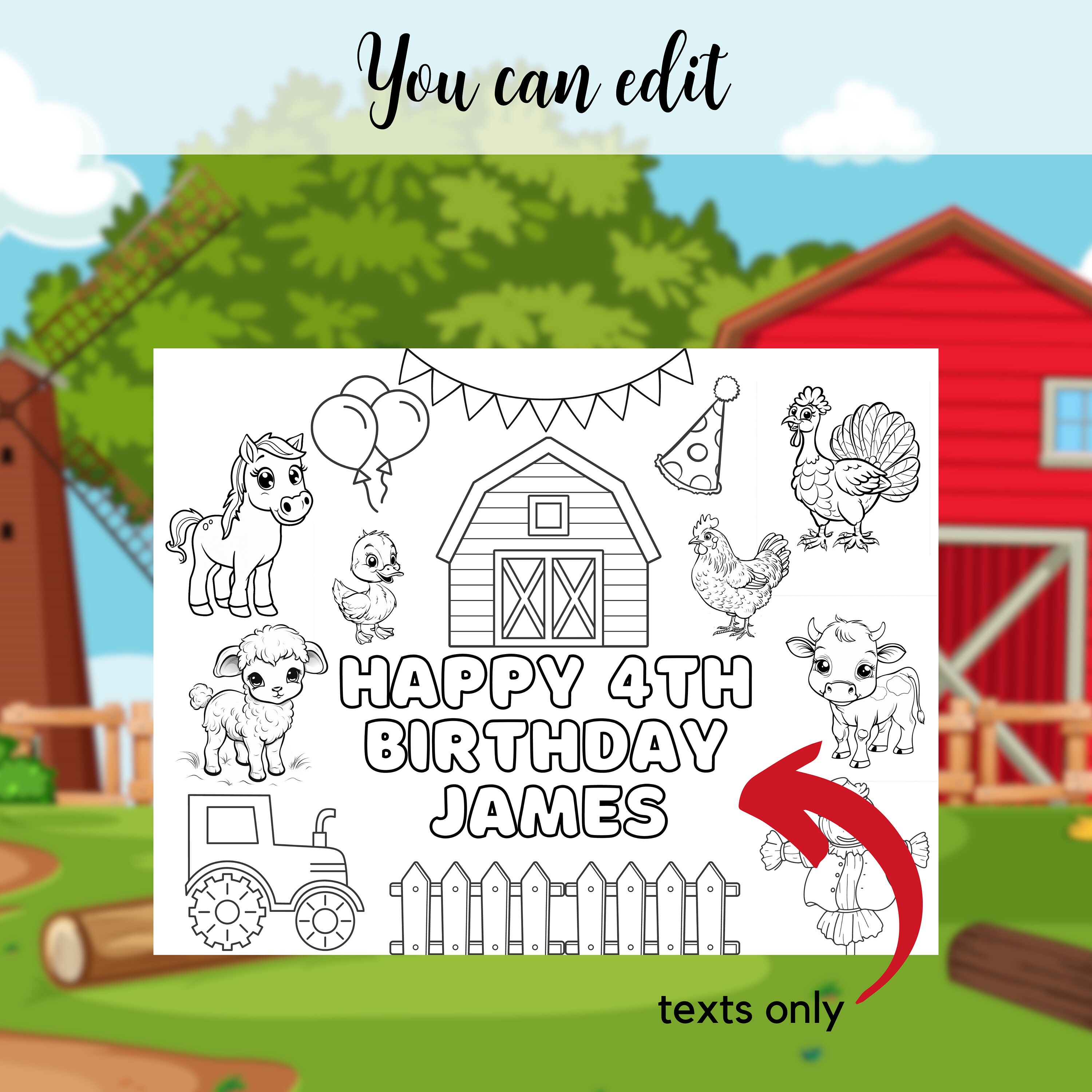 Editable Farm Birthday Coloring Farm Coloring Page Farm Personalized ...