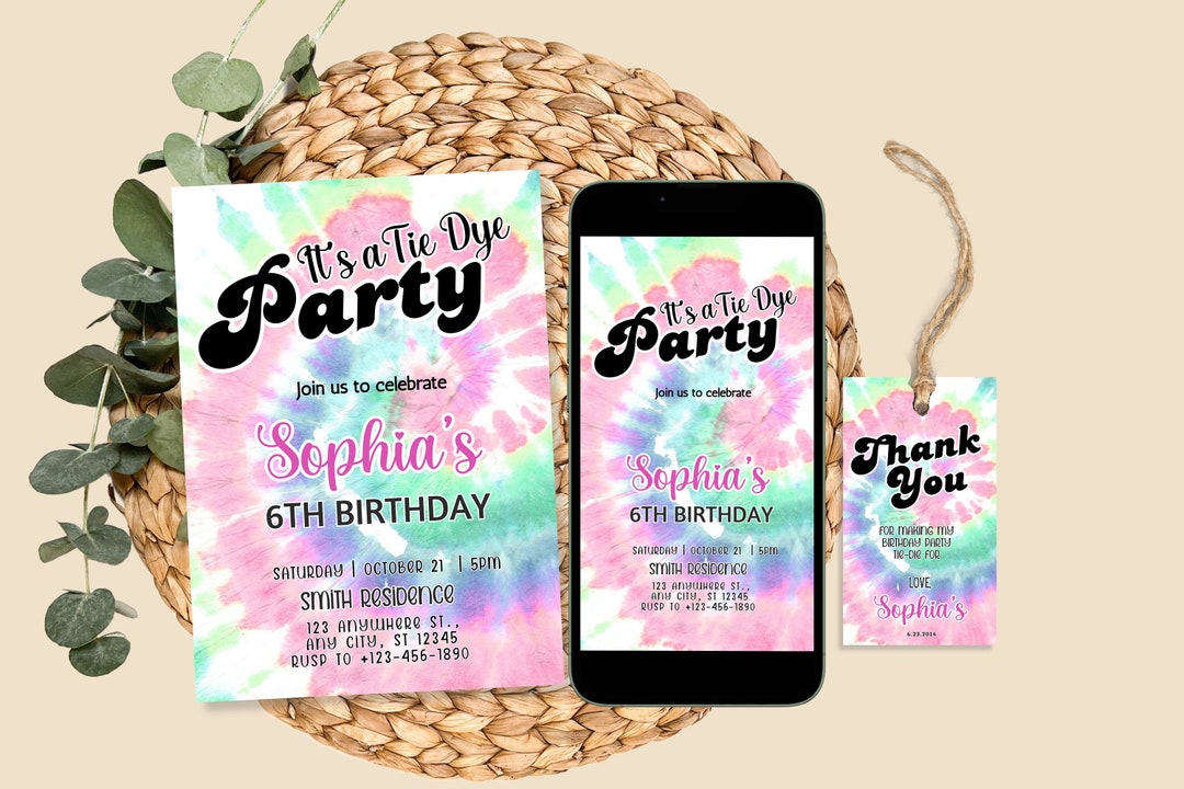 Editable Tie Dye Birthday Invitation Neon Birthday Invite Colorful ...