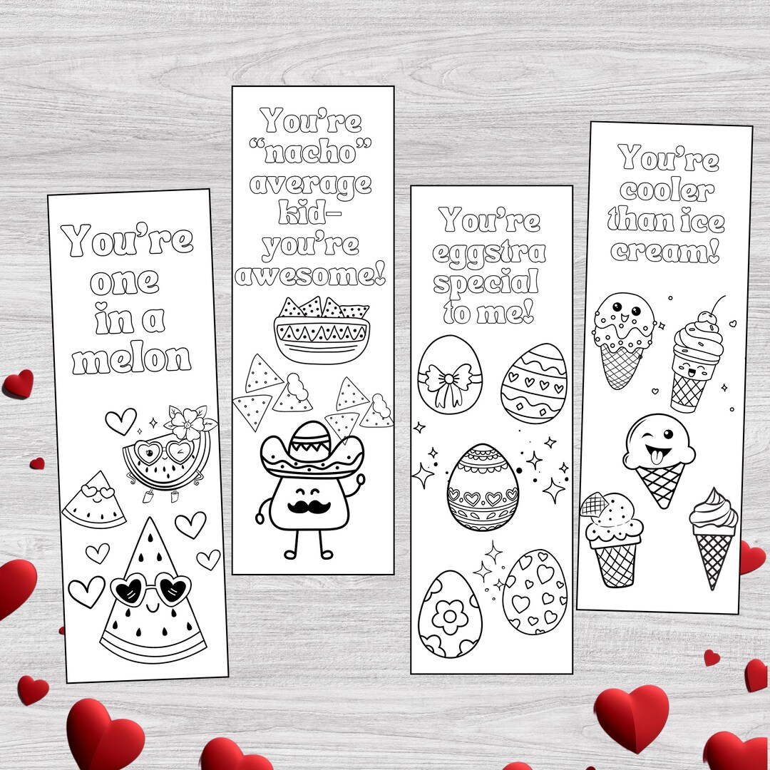 Valentines Coloring Puns Bookmarks Set 4 Kids Funny Coloring Bookmark ...