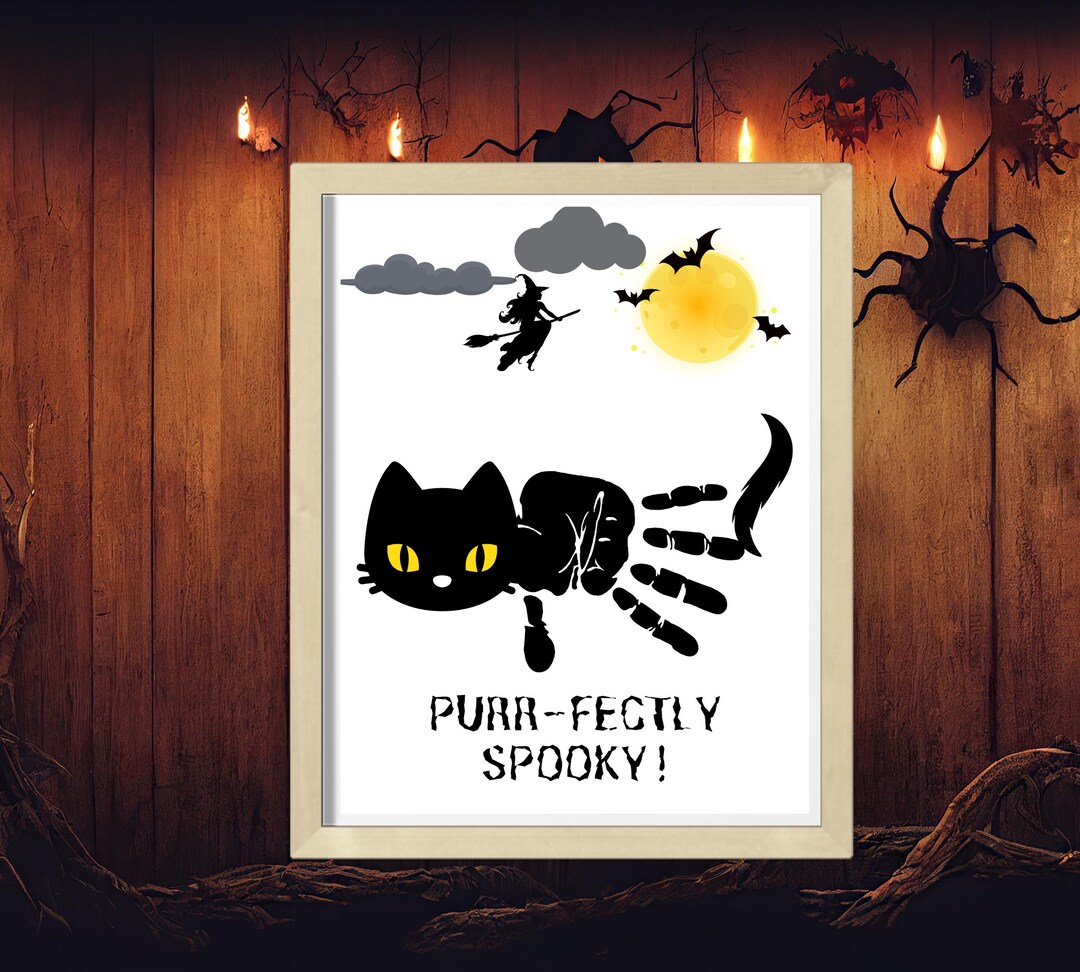 Kids Halloween Black Cat Handprint With Witch Handprint Fun Take on ...