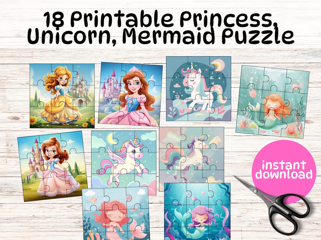 Puzzle Printable for Kids Princess Unicorn Mermaid Easy 9 Piece Puzzle ...