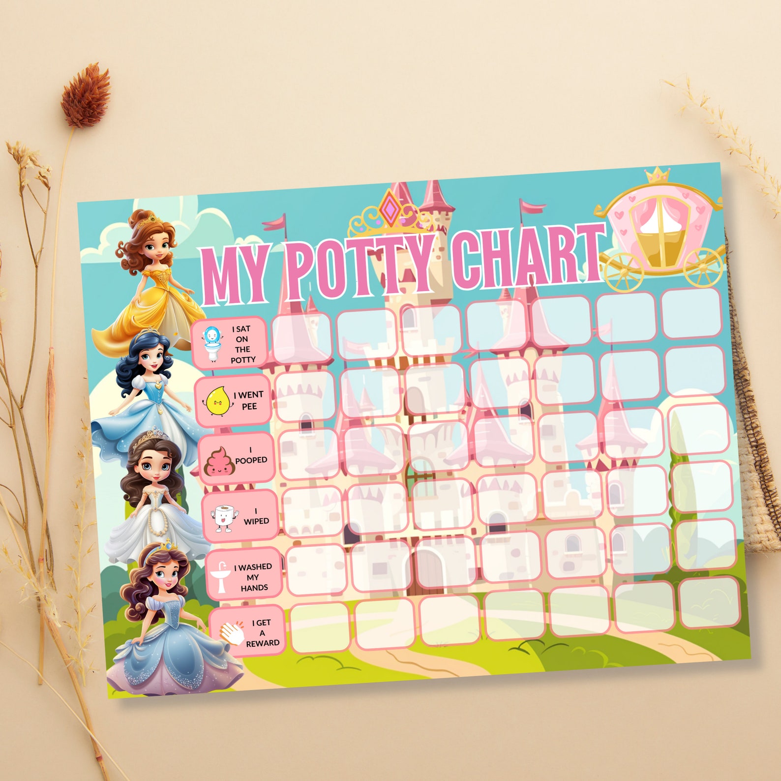 Printable Kids Princess Potty Chart for Girls Toddler Potty Training ...