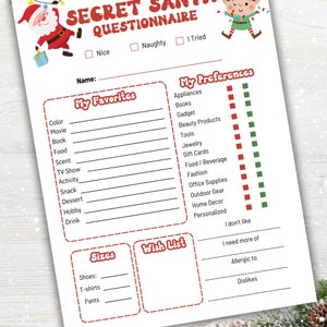 Secret Santa Questionnaire Printable for Coworker Office/teachers ...