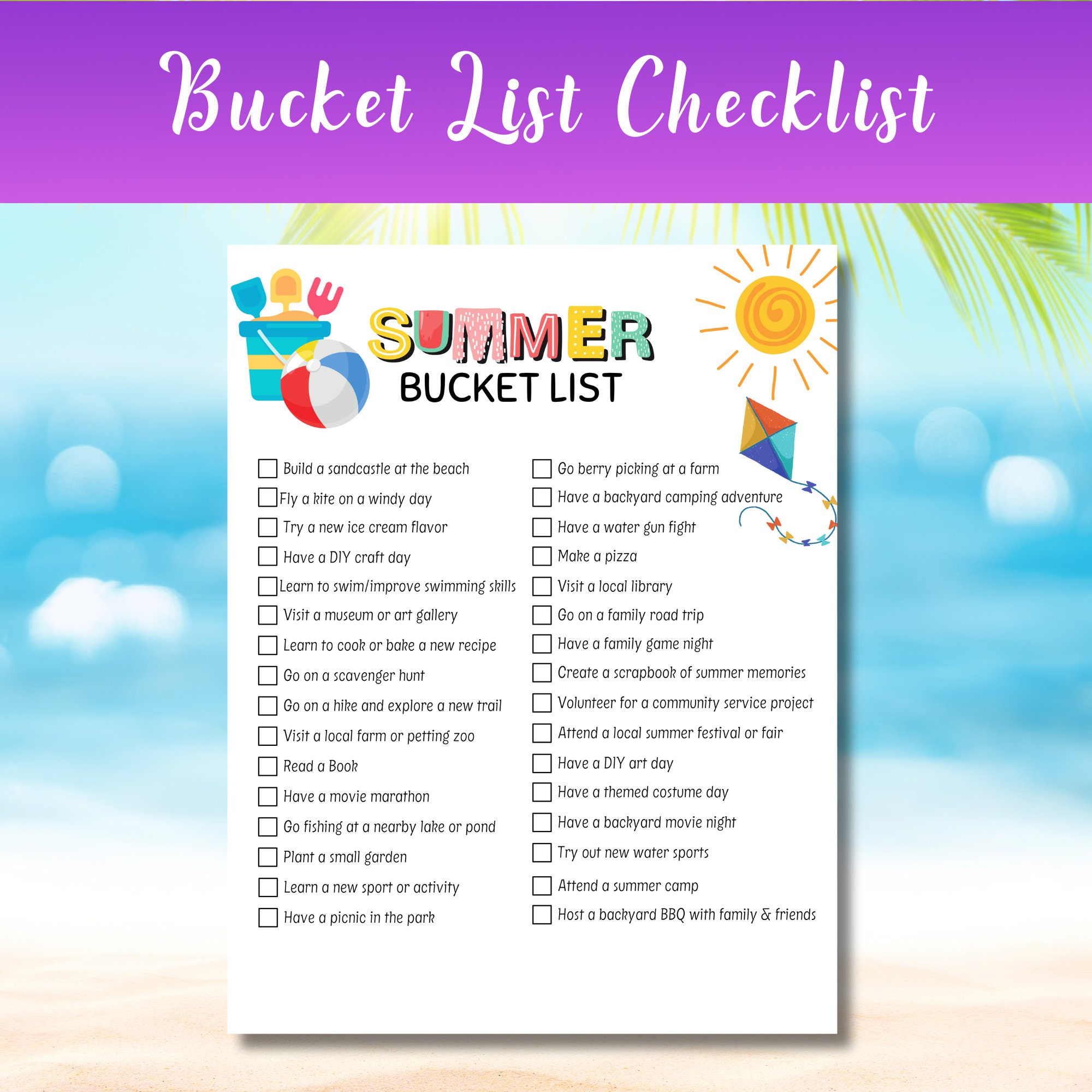 Summer Bucket List Printable Summer Bucket List Blank Summer Bucket ...