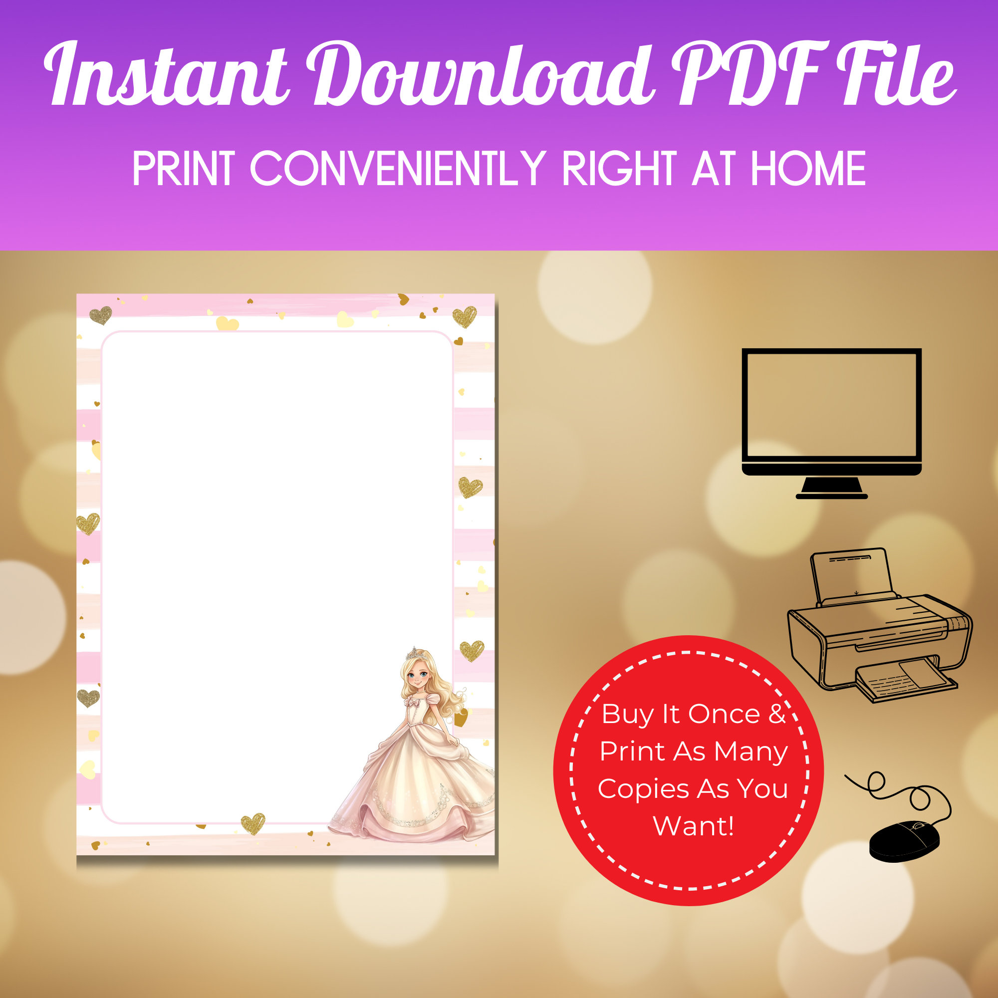 Princess Stationary Printable Pink Stationery Set of 2 Letter ...
