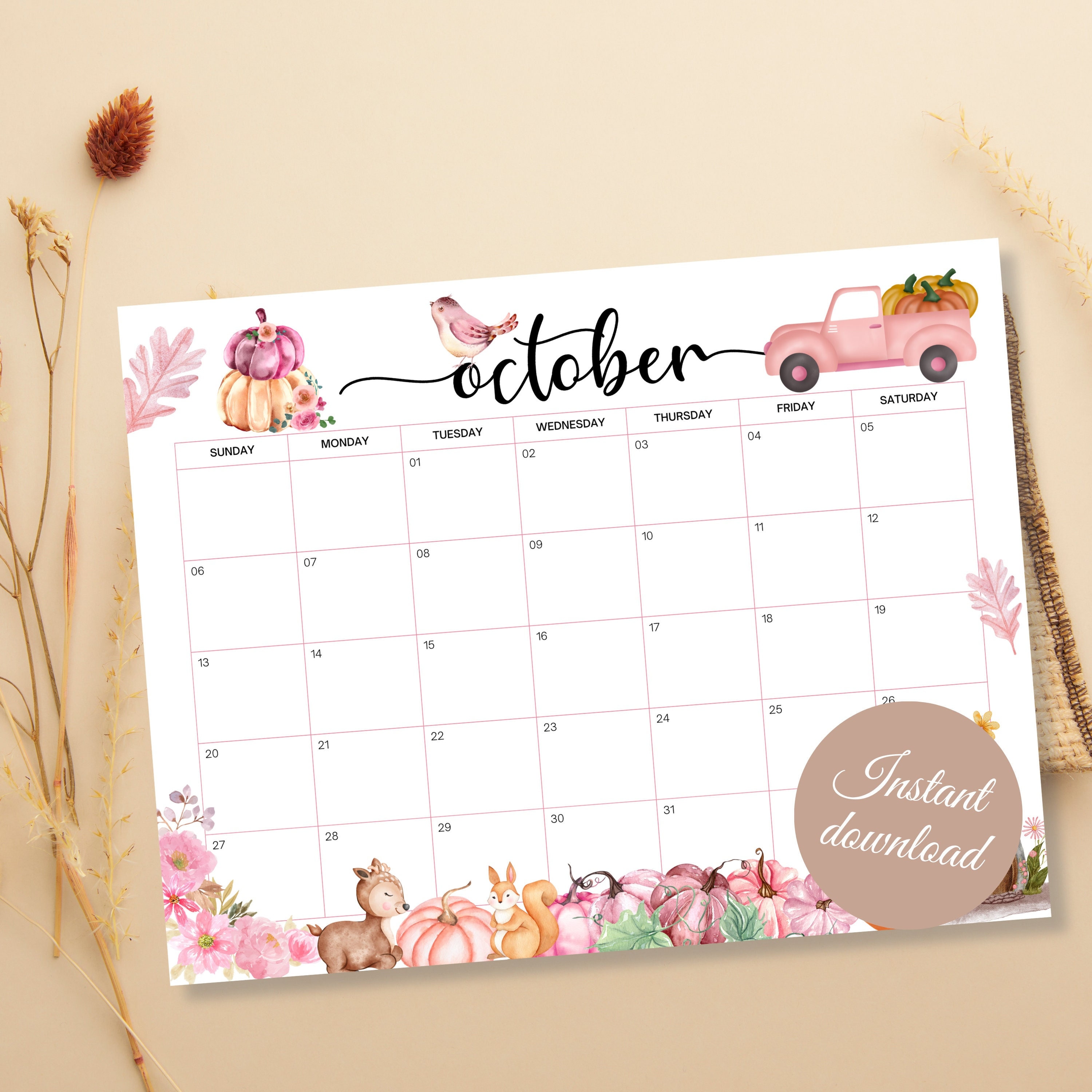 October 2024 Calendar Printable Kids Calendar Fall Wall Calendar ...